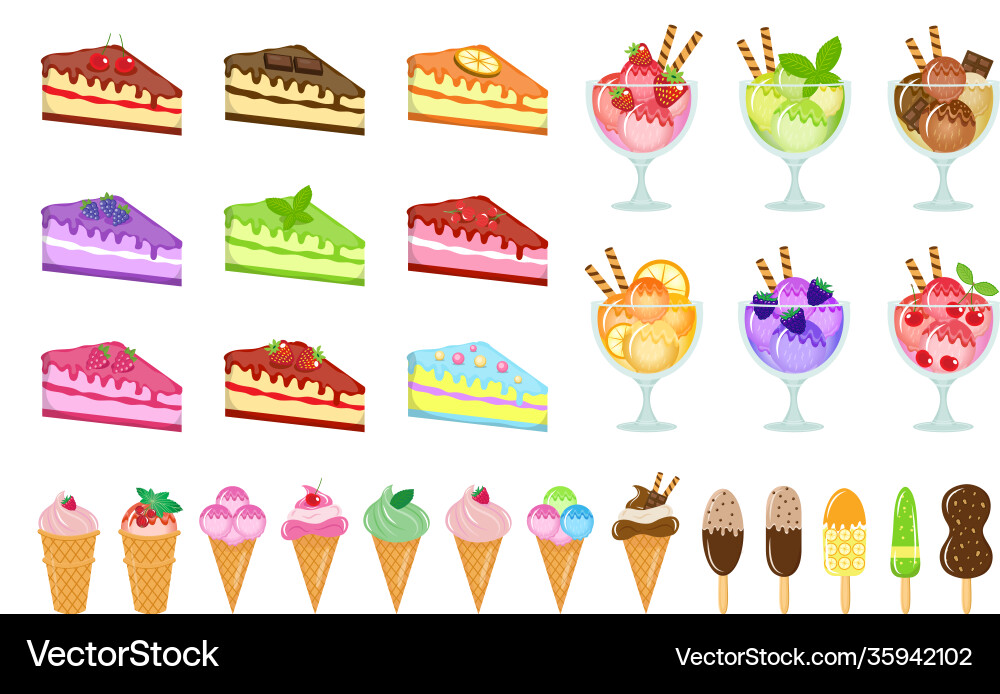 Sweets big set icons cake and ice cream Royalty Free Vector
