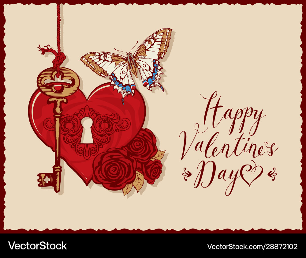 Valentine card with heart key roses Royalty Free Vector