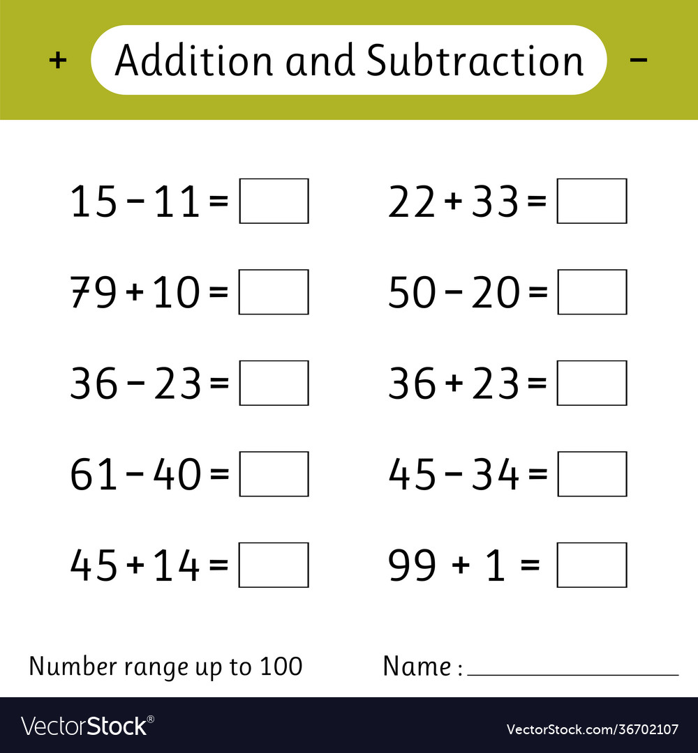 Addition And Subtraction Number Range Up To 100 Vector Image