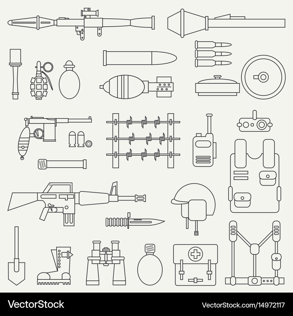 Line flat military icon set army equipment Vector Image