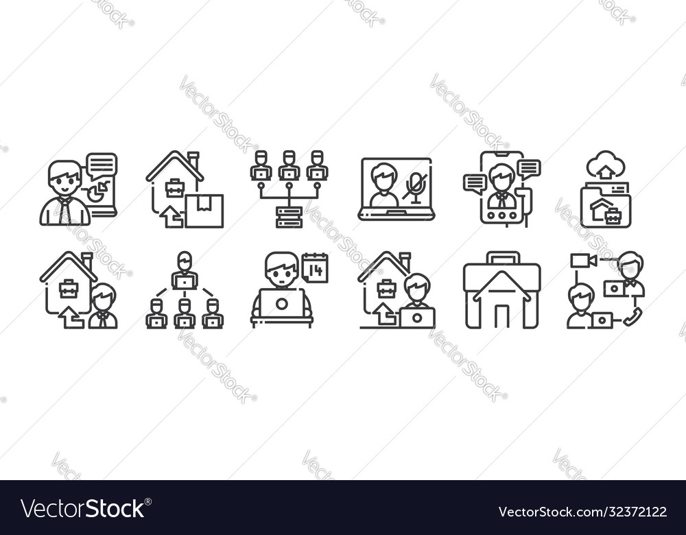 12 set linear working from home icons thin Vector Image