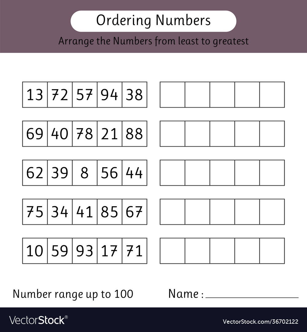 Ordering numbers worksheet number range up Vector Image