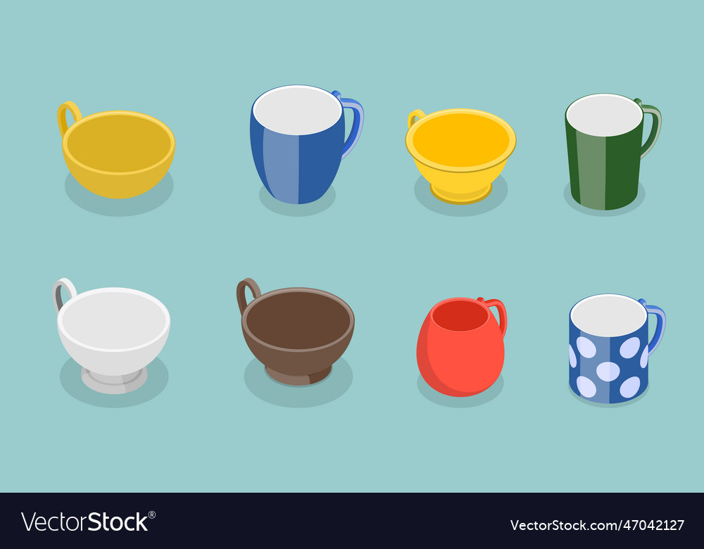 3d isometric flat set of tea or coffee cups Vector Image