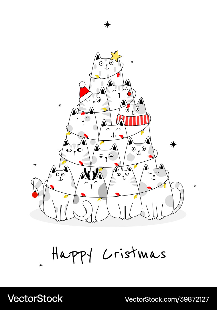 Christmas tree with cats doodle cartoon style Vector Image
