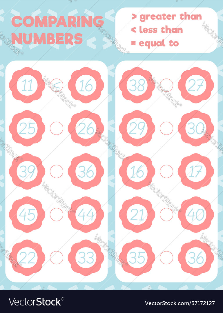 Comparing numbers worksheet practice print sheet Vector Image