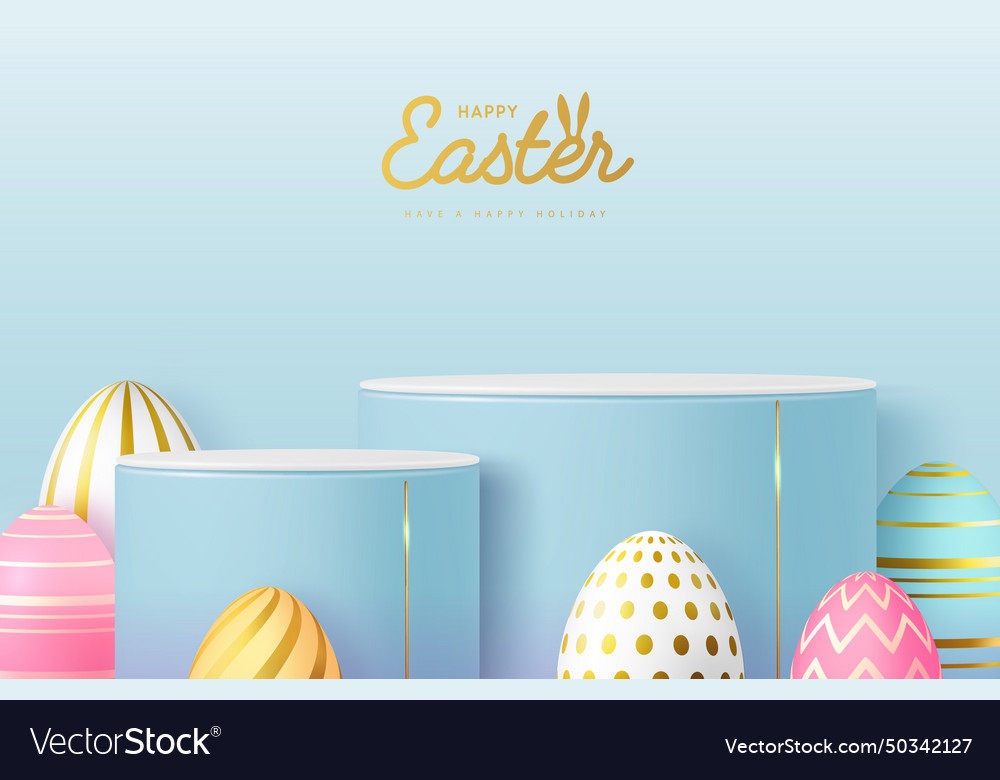 Easter background with 3d podium and eggs Vector Image