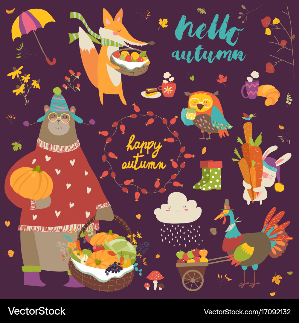 Set cute autumn cartoon characters plants and Vector Image