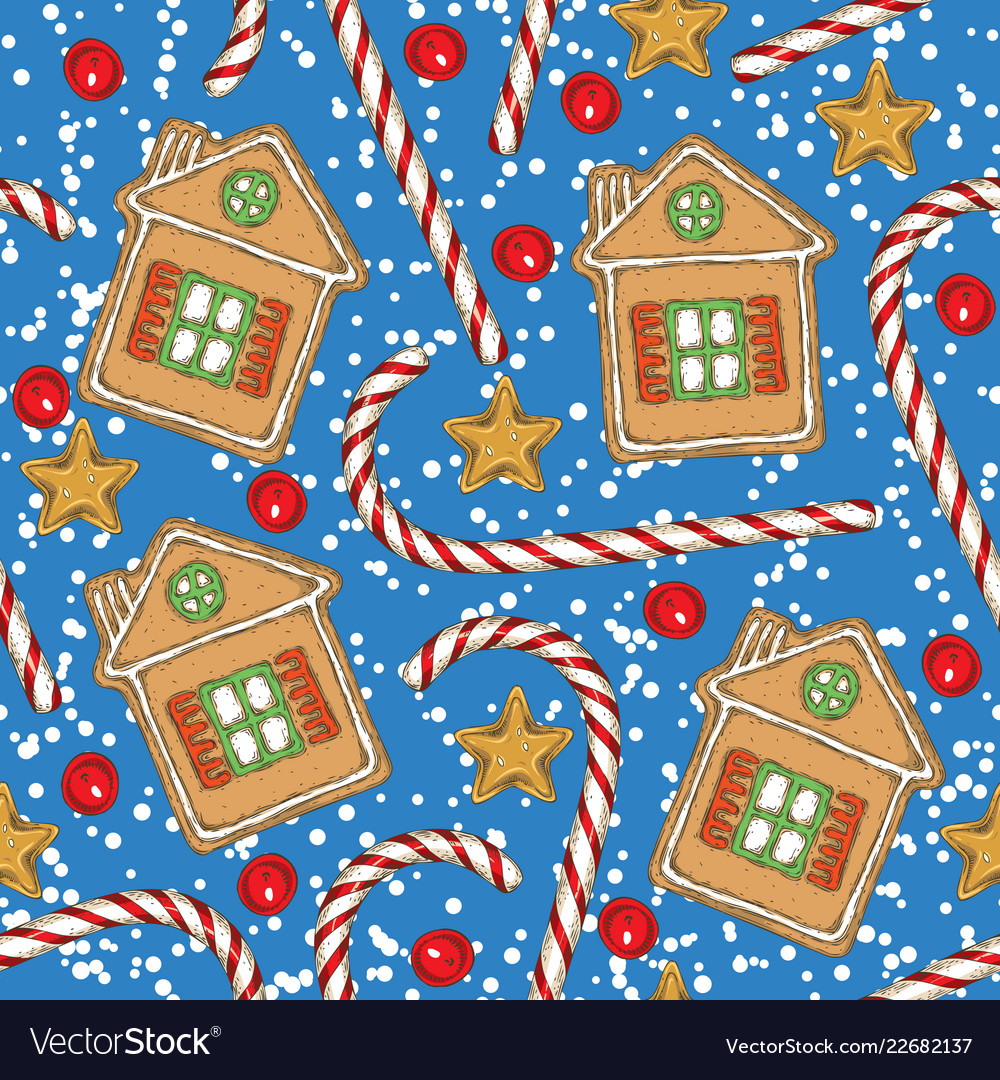 Seamless pattern candy cane and gingerbread Vector Image Seamless pattern candy cane and gingerbread Vector Image
