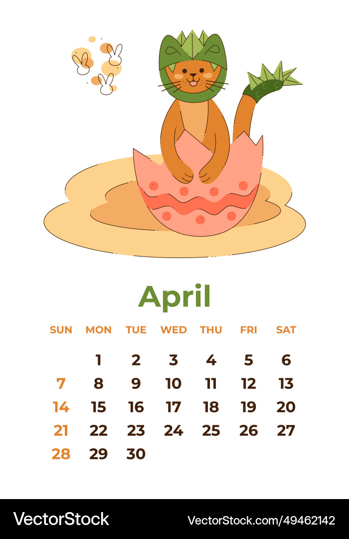 April 2024 calendar sheet with a cute cat Vector Image