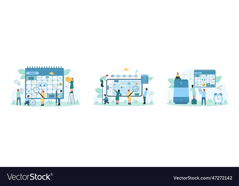 Calendar optimization set tiny people Royalty Free Vector
