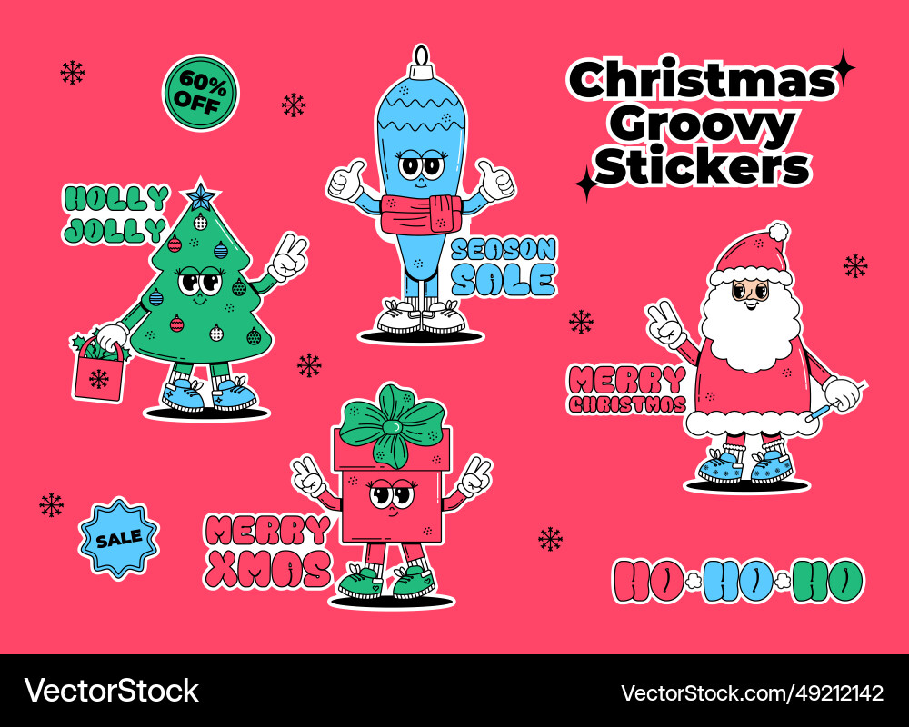 Christmas funky characters set stickers in retro Vector Image
