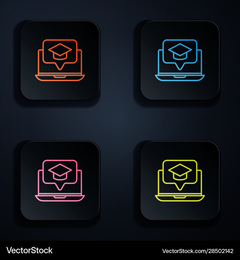 Color neon line graduation cap on screen laptop Vector Image