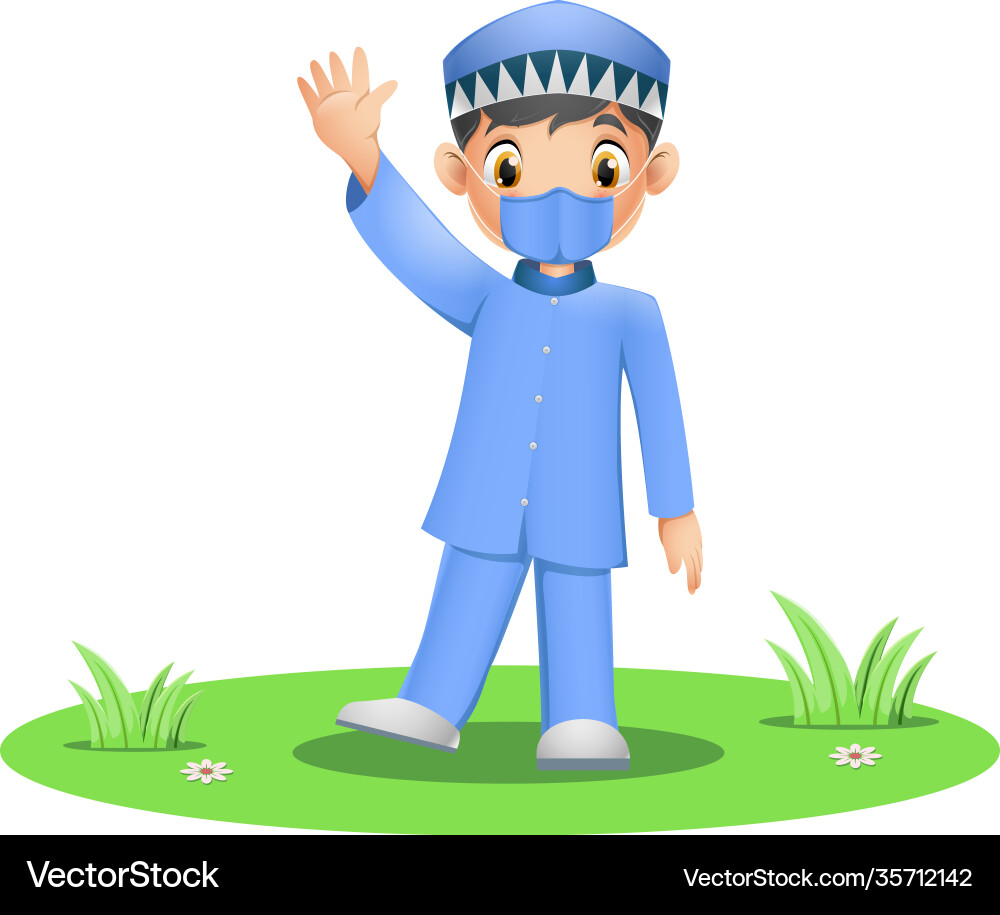 Cute muslim boy wearing face mask on grass Vector Image
