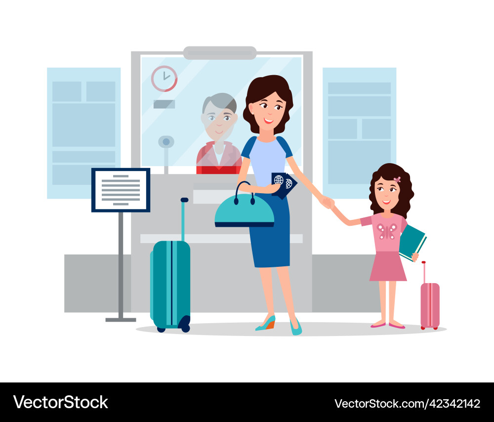 Passport control point and mom with his daughter Vector Image