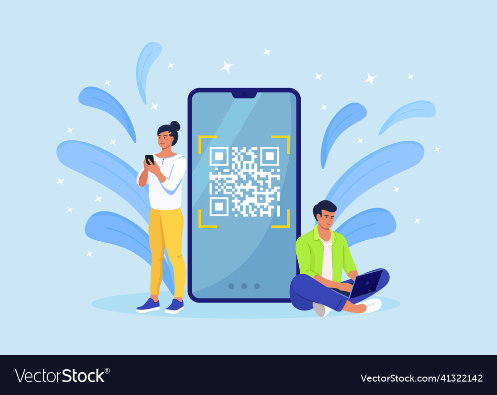 Qr code scanning concept characters use mobile Vector Image