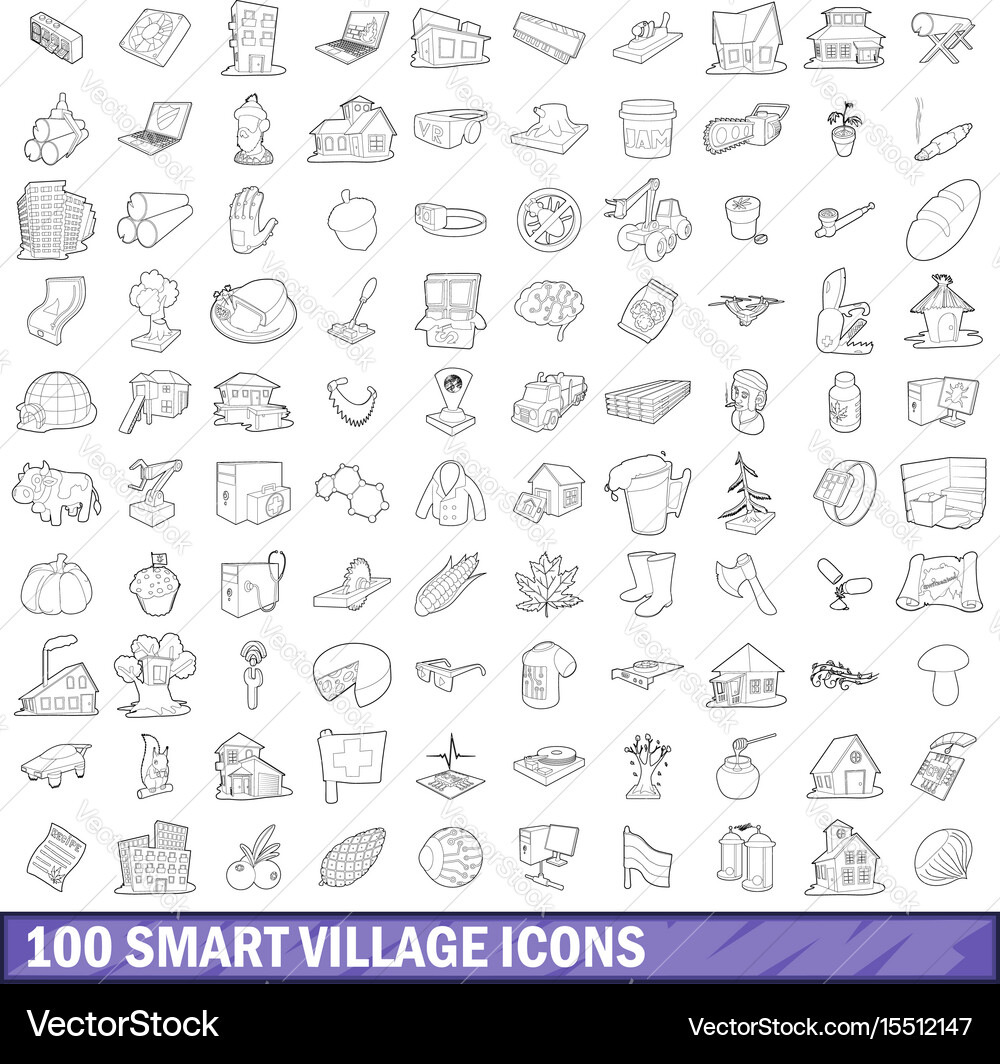 100 smart village icons set outline style Vector Image