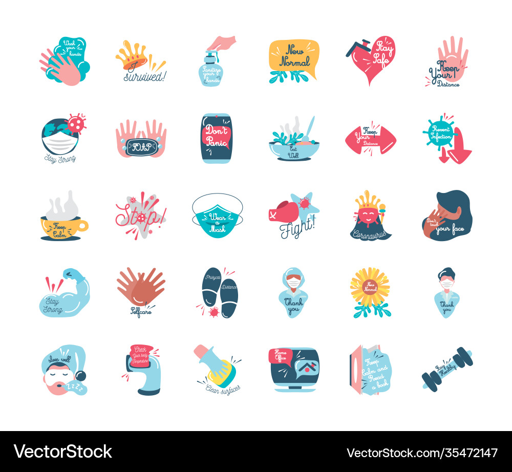 Covid19 19 virus stickers icons group design Vector Image