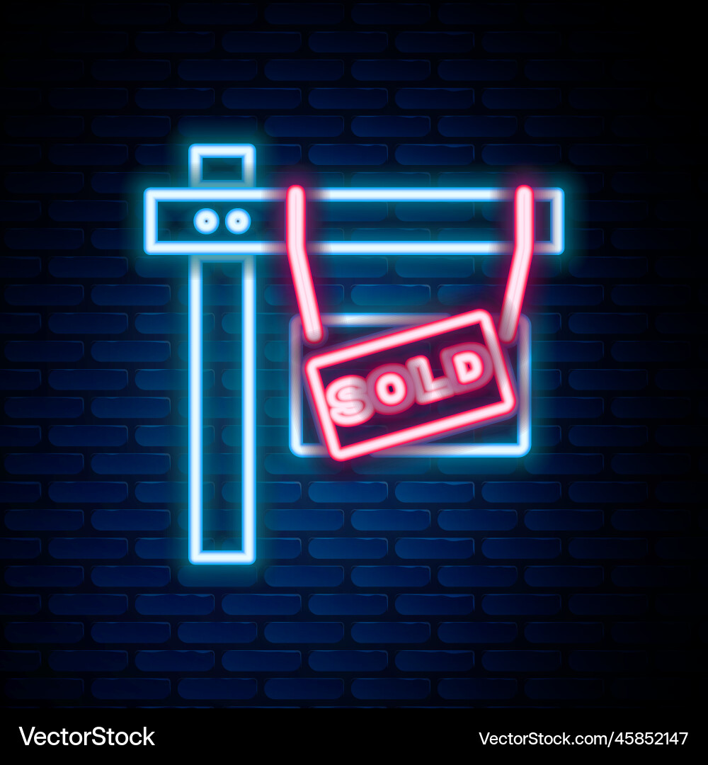 Glowing neon line hanging sign with text sold icon
