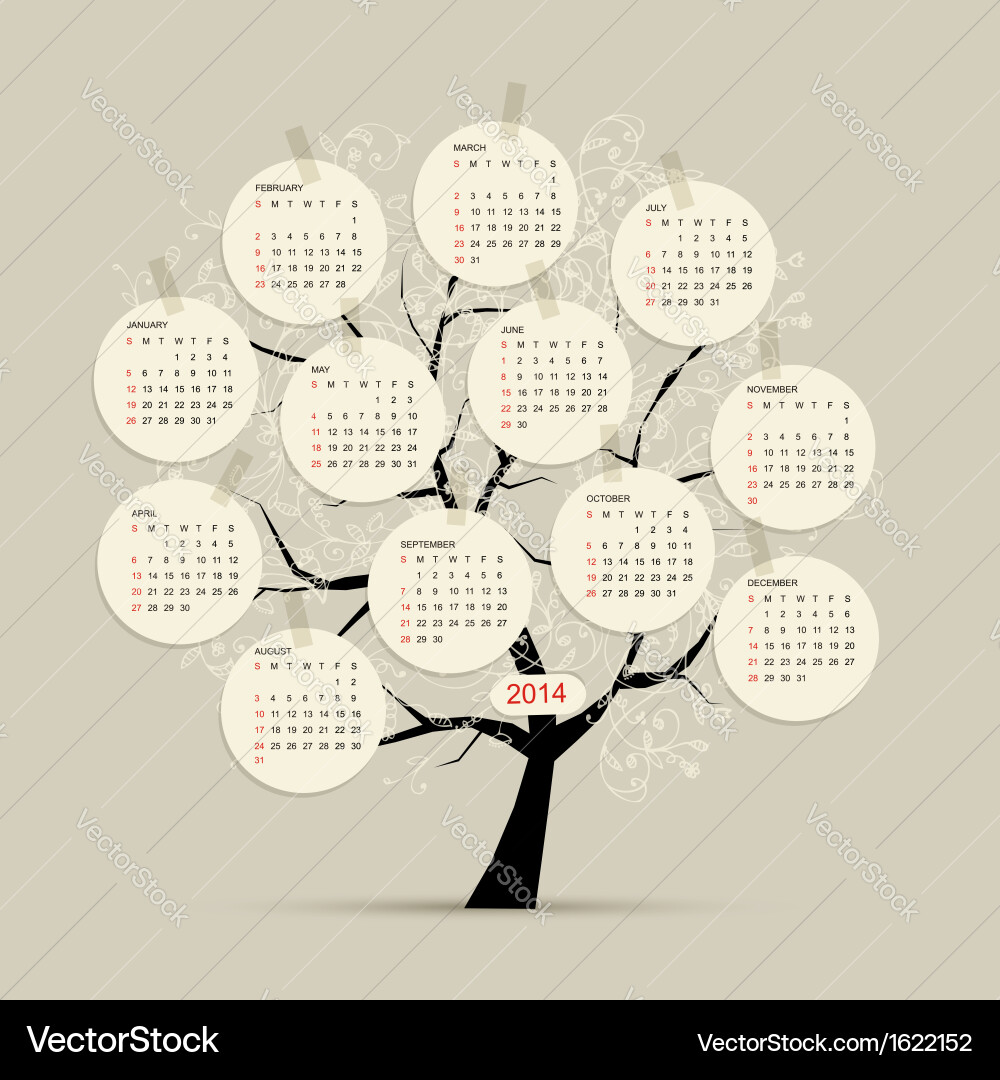 Calendar tree 2014 for your design Royalty Free Vector Image