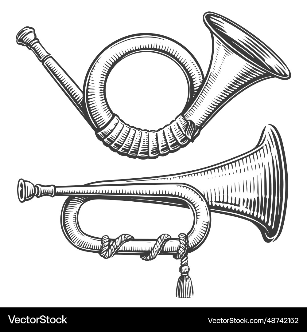 Vintage post horn or hunting hand drawn Royalty Free Vector