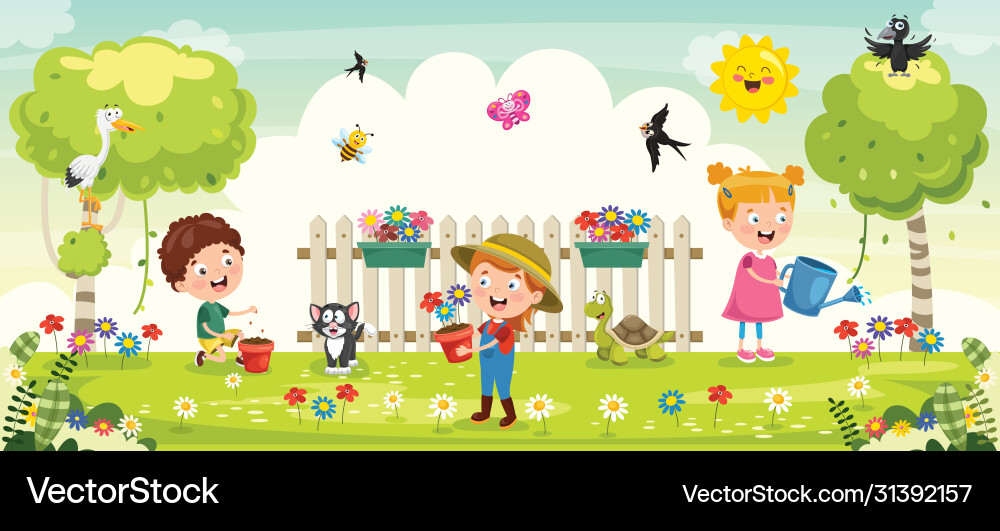 Children gardening and planting Royalty Free Vector Image