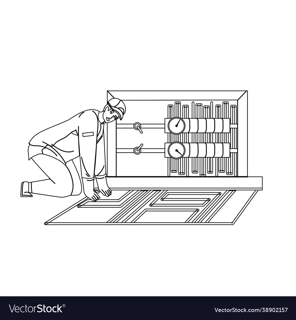 Floor heating system installing handyman Vector Image