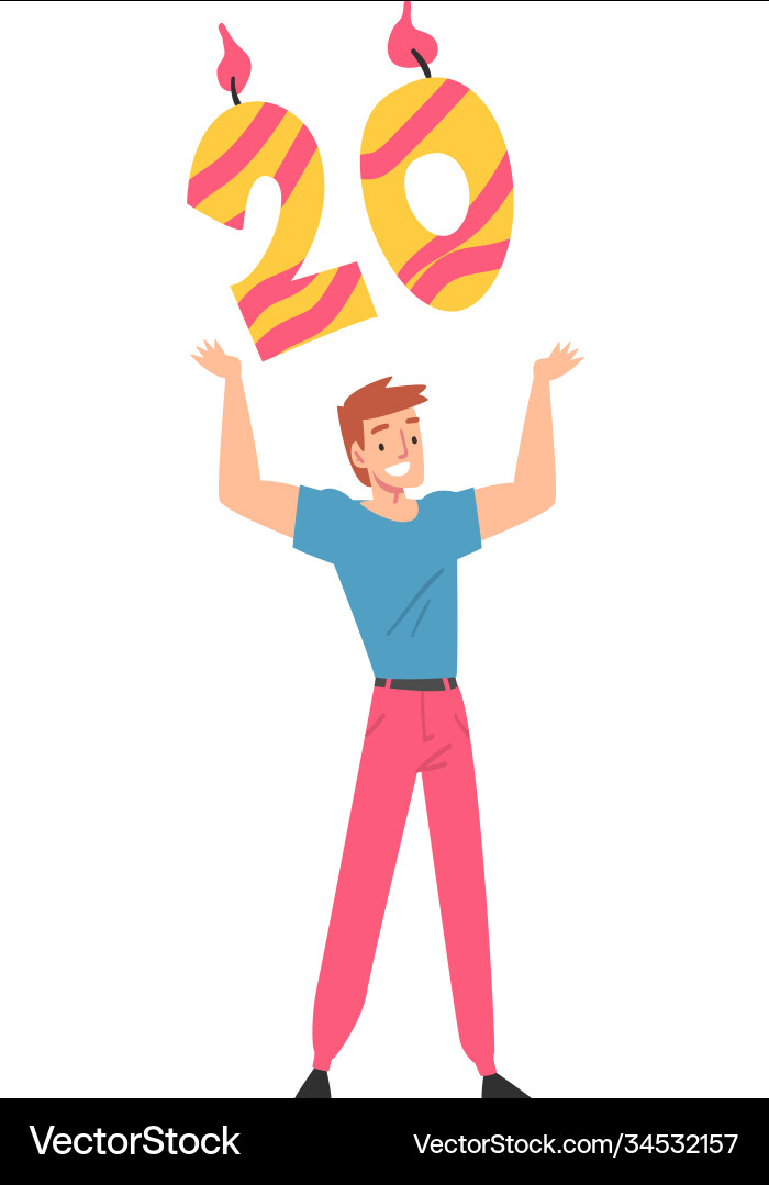 Joyful guy with burning 20 number candles over his