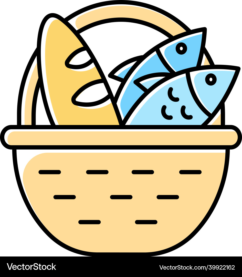 Bread and fish in basket yellow color icon Vector Image