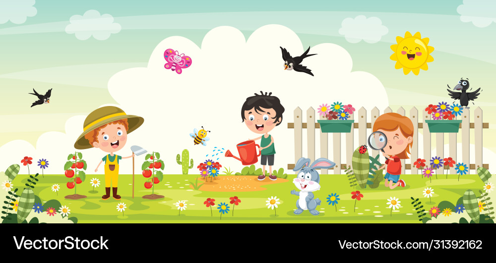 Children gardening and planting Royalty Free Vector Image