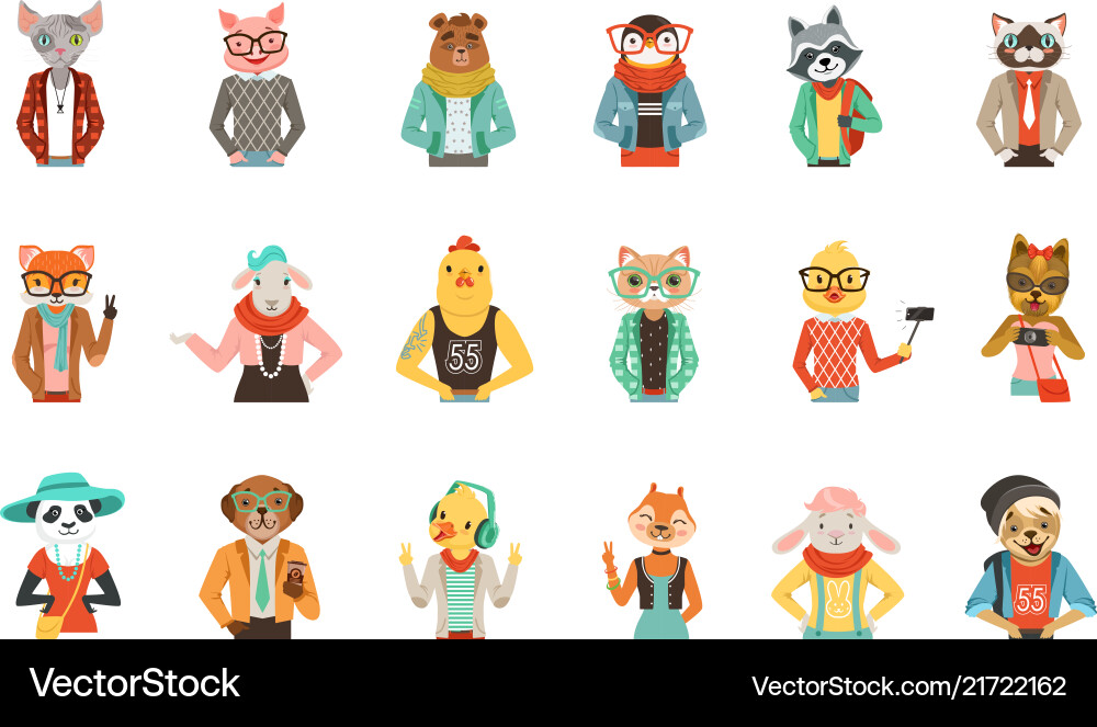 Cute humanized animals in fashion clothes set Vector Image