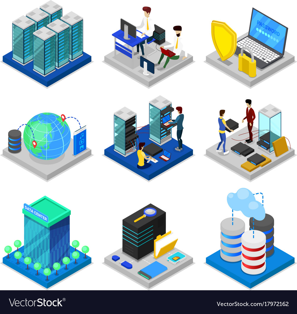 Data centre isometric 3d set Royalty Free Vector Image