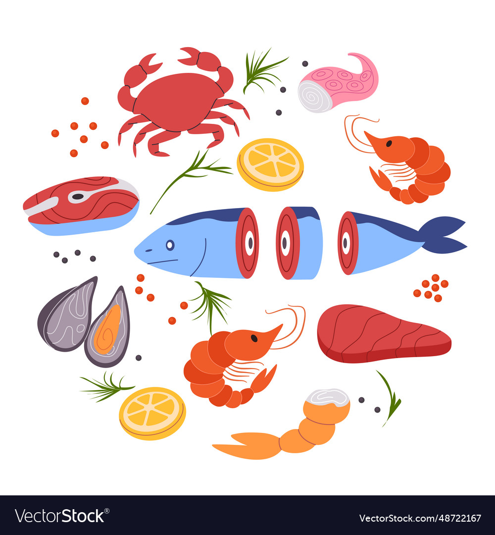 Seafood collection set drawing Royalty Free Vector Image