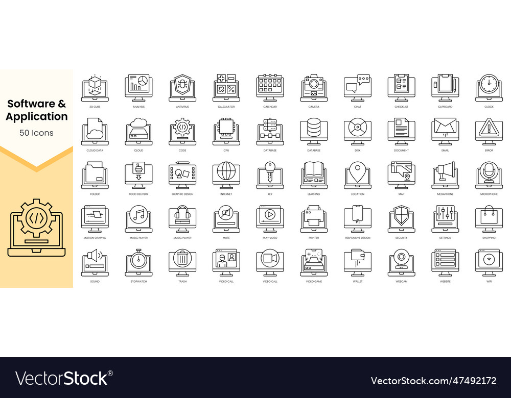 Simple outline set of software and application Vector Image