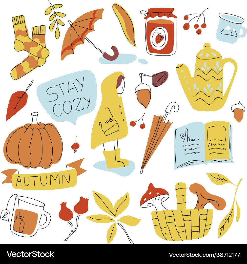 Autumn elements doodle set cozy time icons fall Vector Image