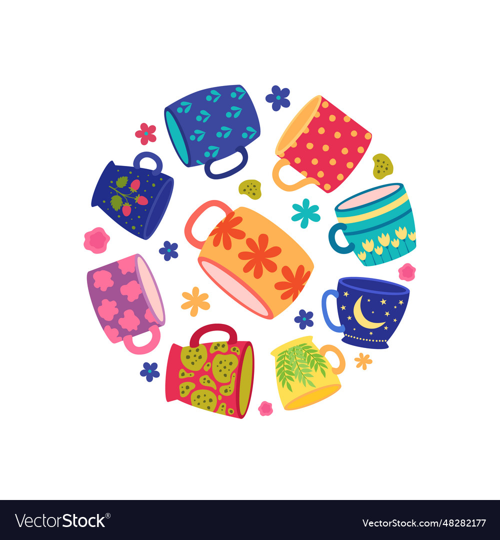 Cups in circle shape round background Royalty Free Vector