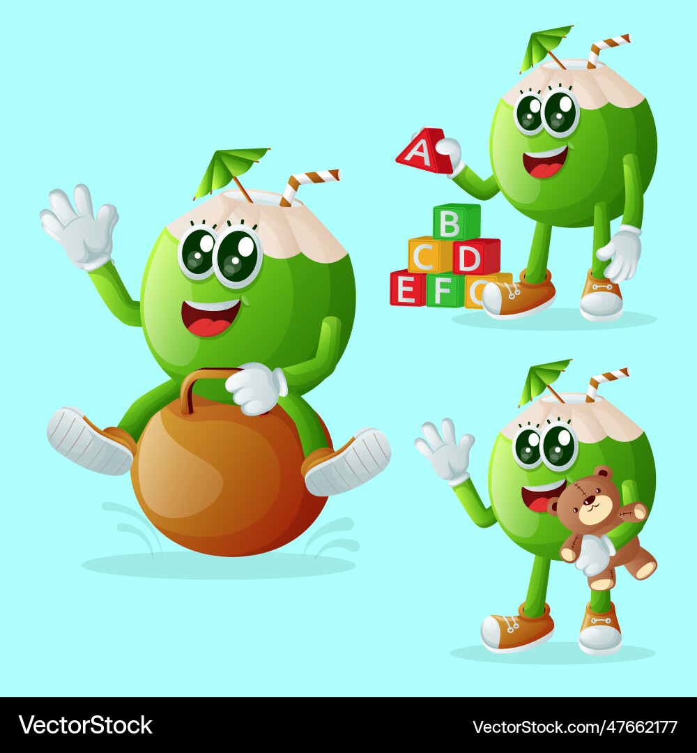 Cute coconut characters playing with kid toys Vector Image