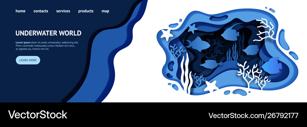 Paper cut underwater world landing page ocean Vector Image