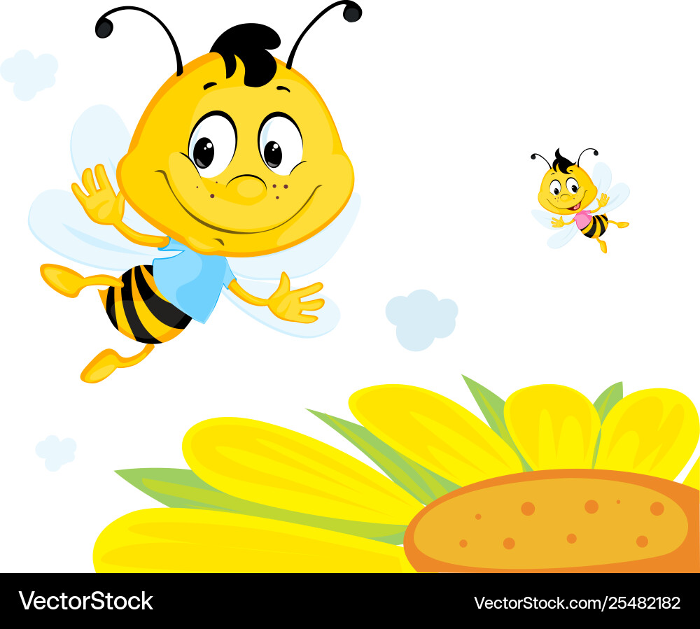 Bee flies over yellow flower - cute cartoon Vector Image