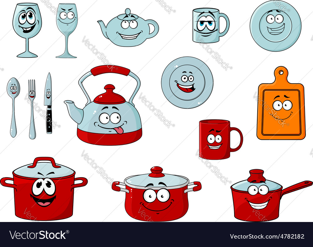 Cartoon smiling kitchenware and glassware Vector Image