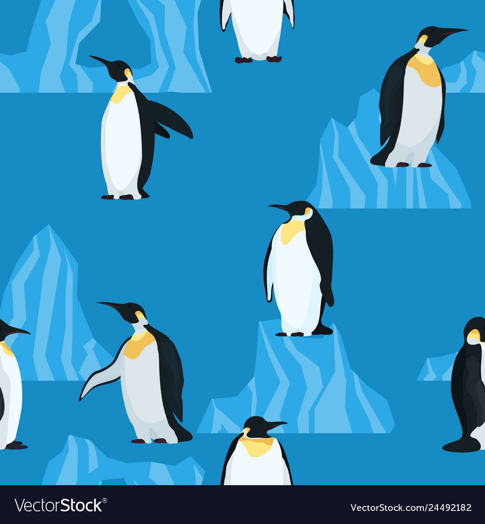 Flat penguins on blue seamless pattern Royalty Free Vector
