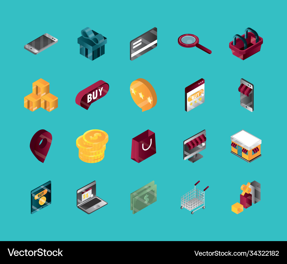Online shopping set isometric icons include Vector Image