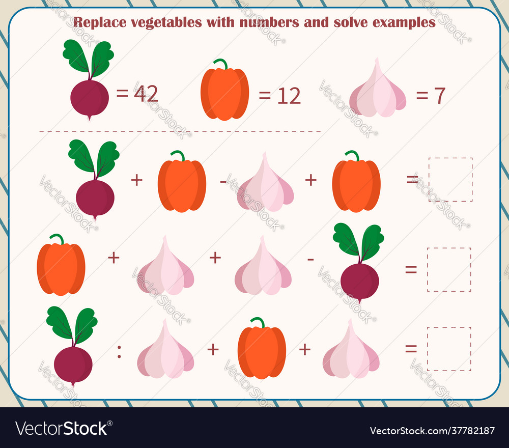 Math game for children replace vegetables with n Vector Image