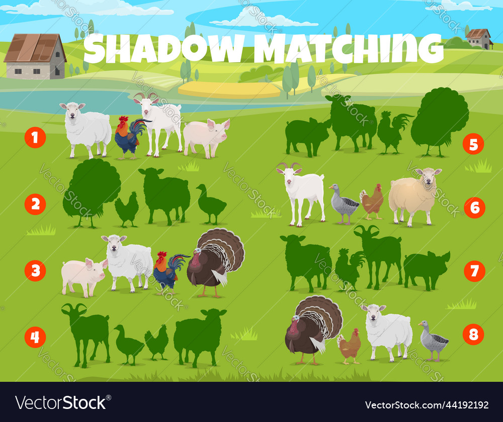 Shadow match game with farm animals and cattle Vector Image