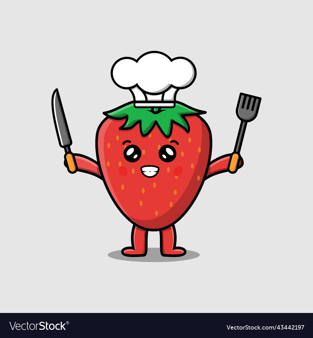 Cute cartoon strawberry chef hold knife and fork Vector Image Cute cartoon strawberry chef hold knife and fork Vector Image