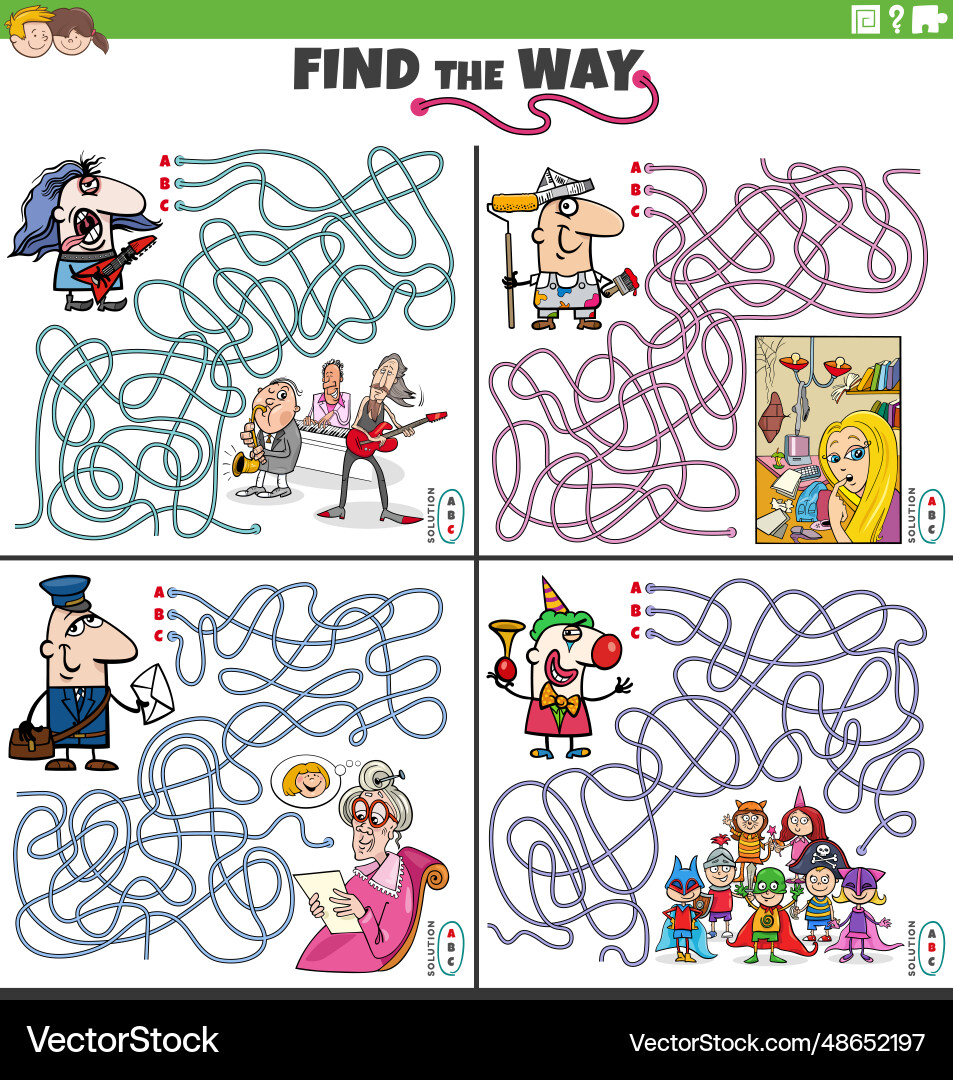 Find the way maze games set with people Royalty Free Vector
