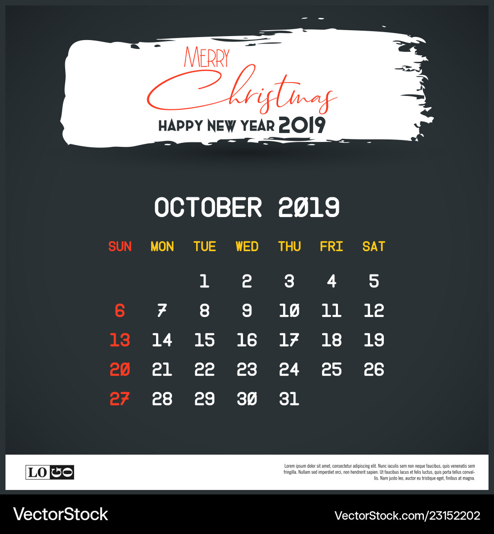 October 2019 new year calendar template brush Vector Image