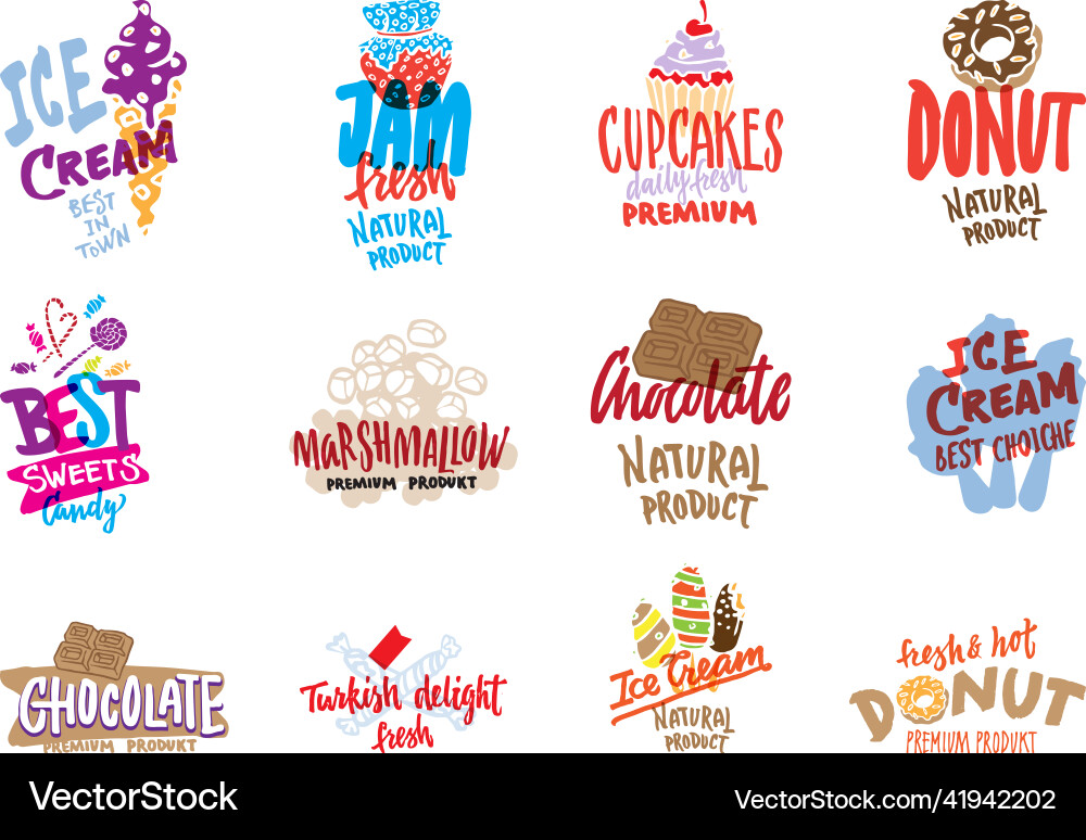 Sketch candies and sweets logos set Royalty Free Vector
