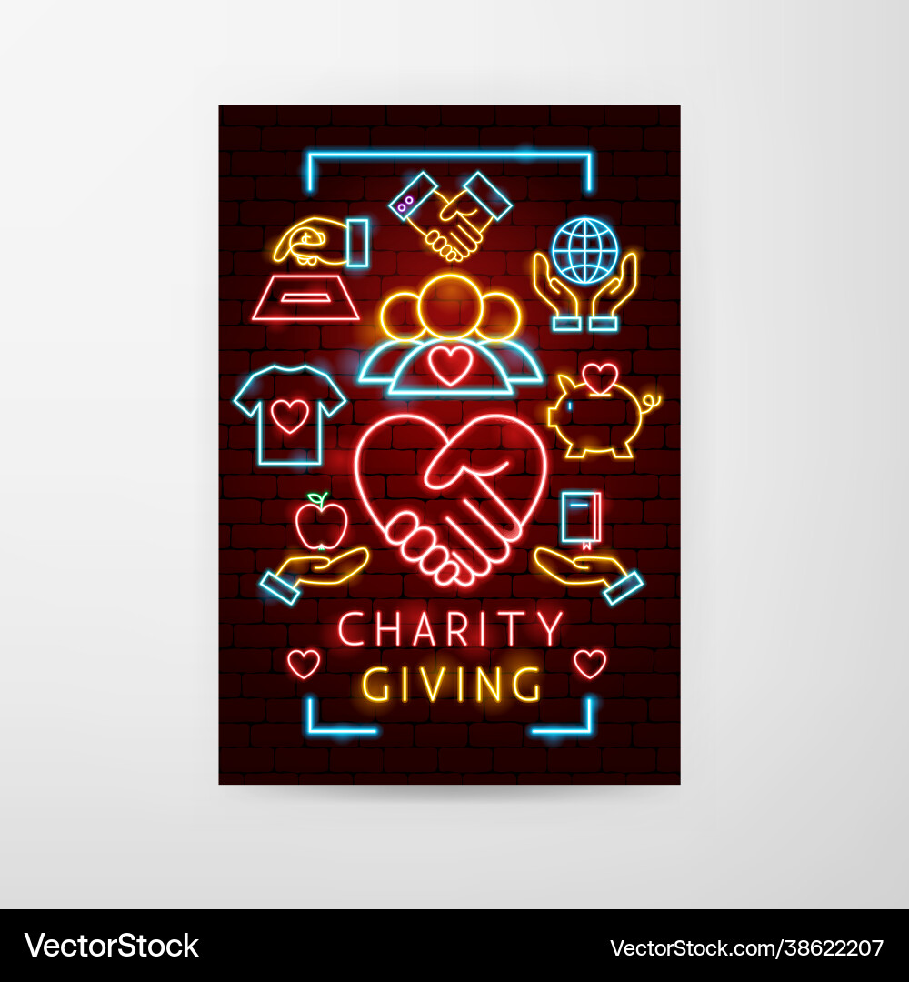 Charity giving neon flyer Royalty Free Vector Image