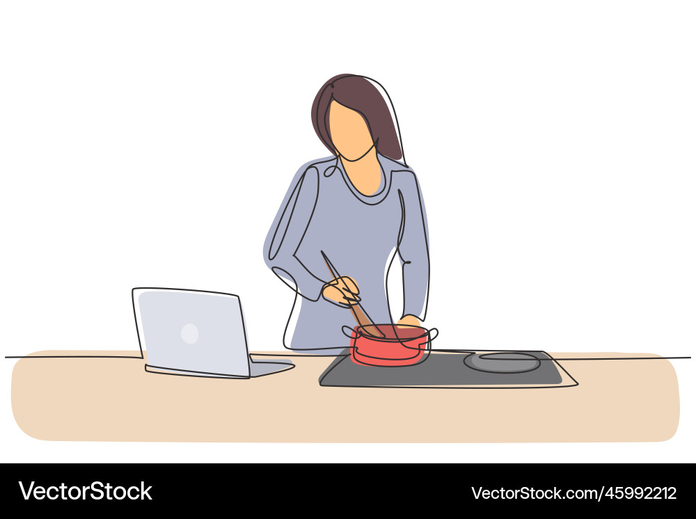 Continuous one line drawing woman cooking dinner Vector Image