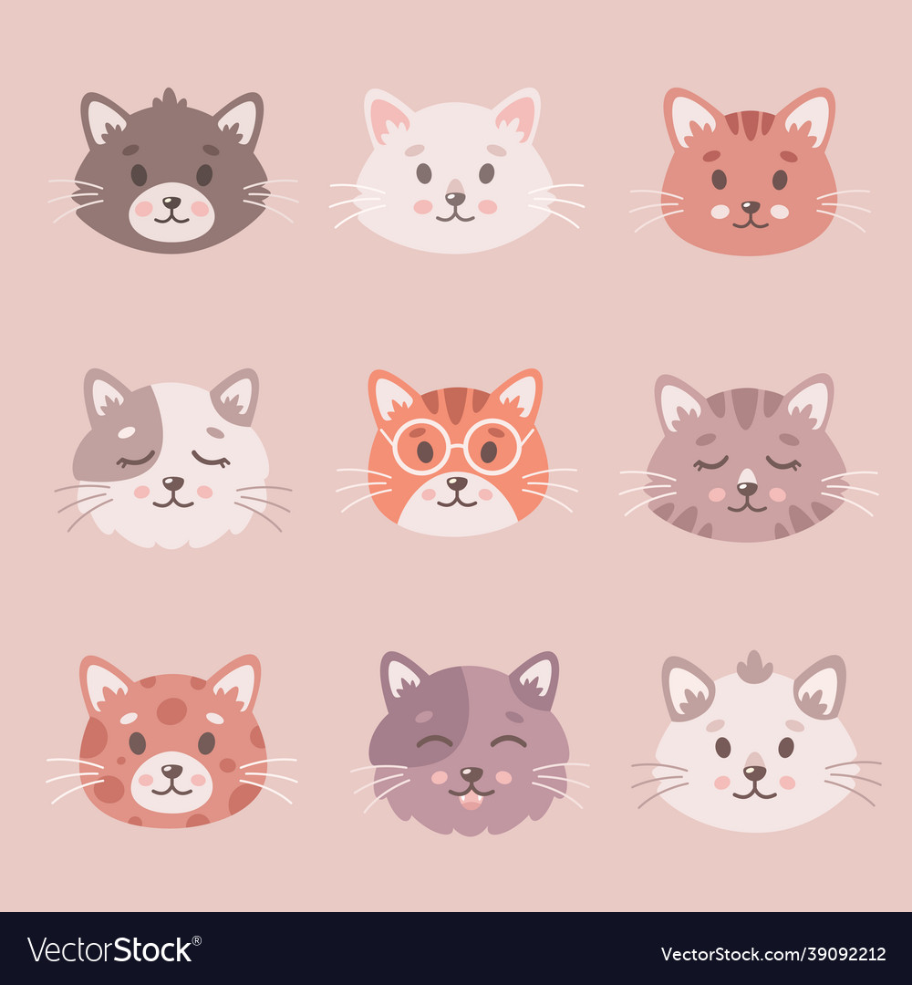 Cute cats collection faces pets kittens Royalty Free Vector